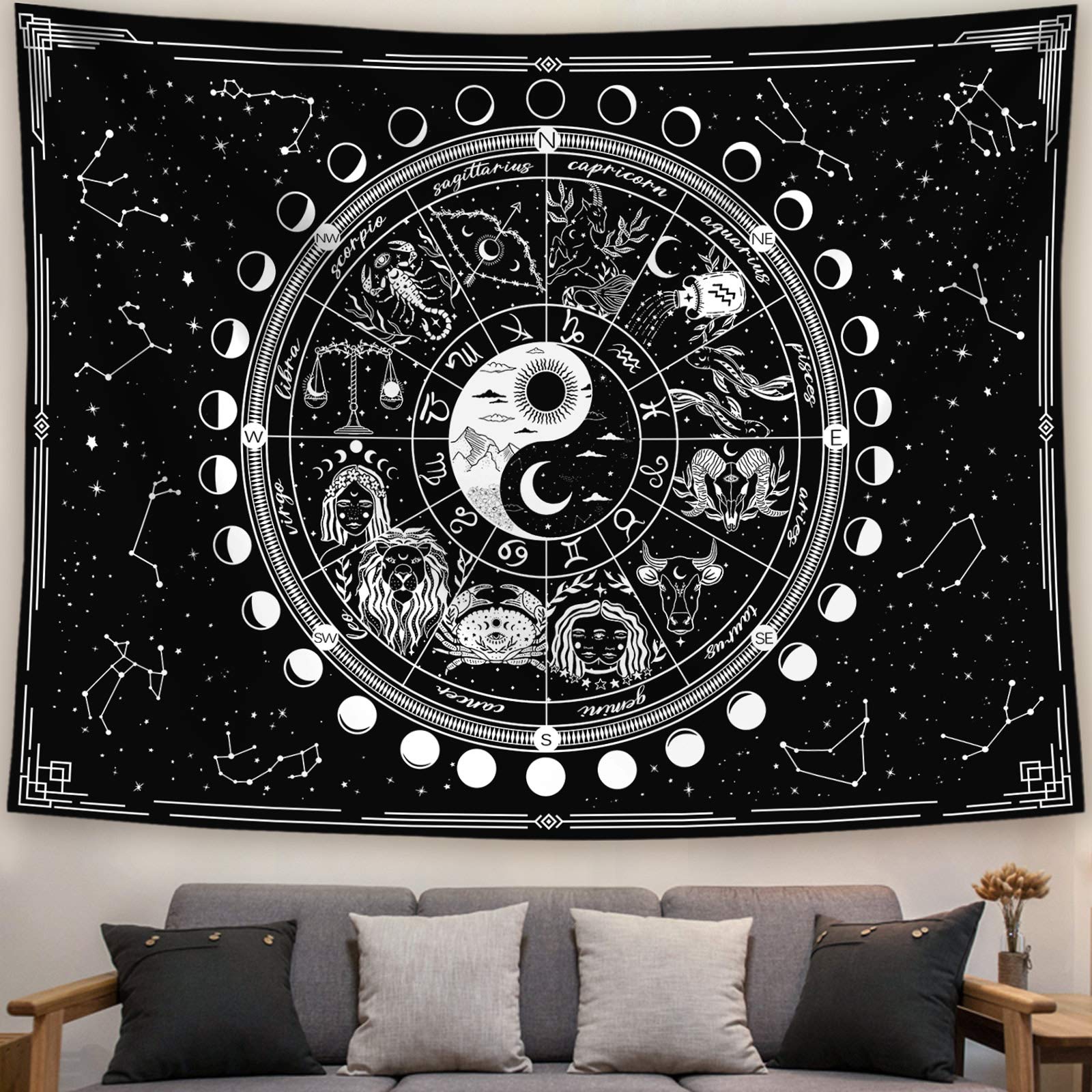 Kanuyee Twelve Constellation Tapestry,Black and White ,Sun and Moon ,Yin and Yang Tapestry Mystic Wall Hanging Tapestry for Home Decor (35"x47")