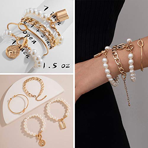 IFKM 6 PACK (24 PCS) Boho Gold Chain Bracelets Set for Women Girls, 14K Gold Plated Multiple Layered Stackable Open Cuff Wrap Bangle Adjustable Link Italian Cuban Jewelry for Women Girls Gift