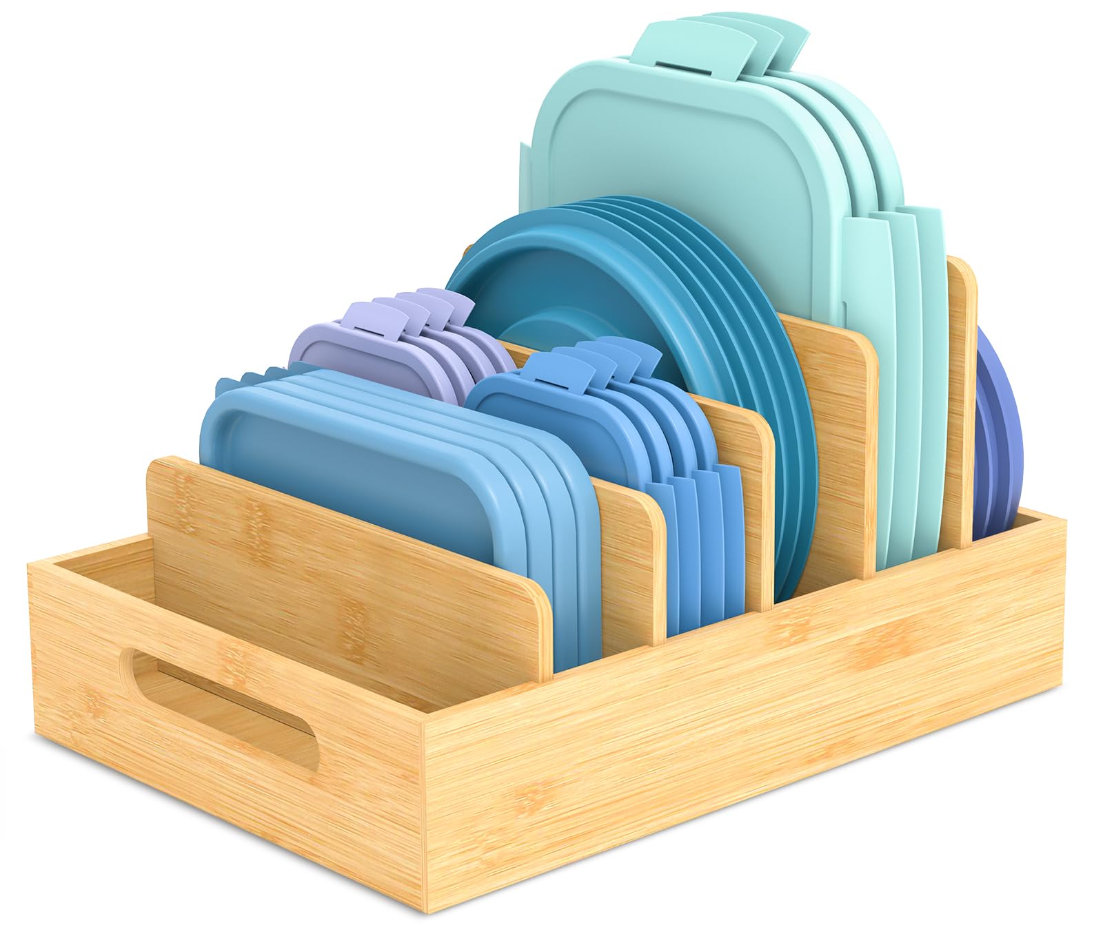 Retro Shaw Bamboo Food Container Lid Organizer for Cabinet & Drawer,Kitchen Cabinet Organizer with 5 Adjustable Dividers for Plastic Lid Storage and Holder,Fit for Kitchen,Home,RVs,Campers,Pantry etc
