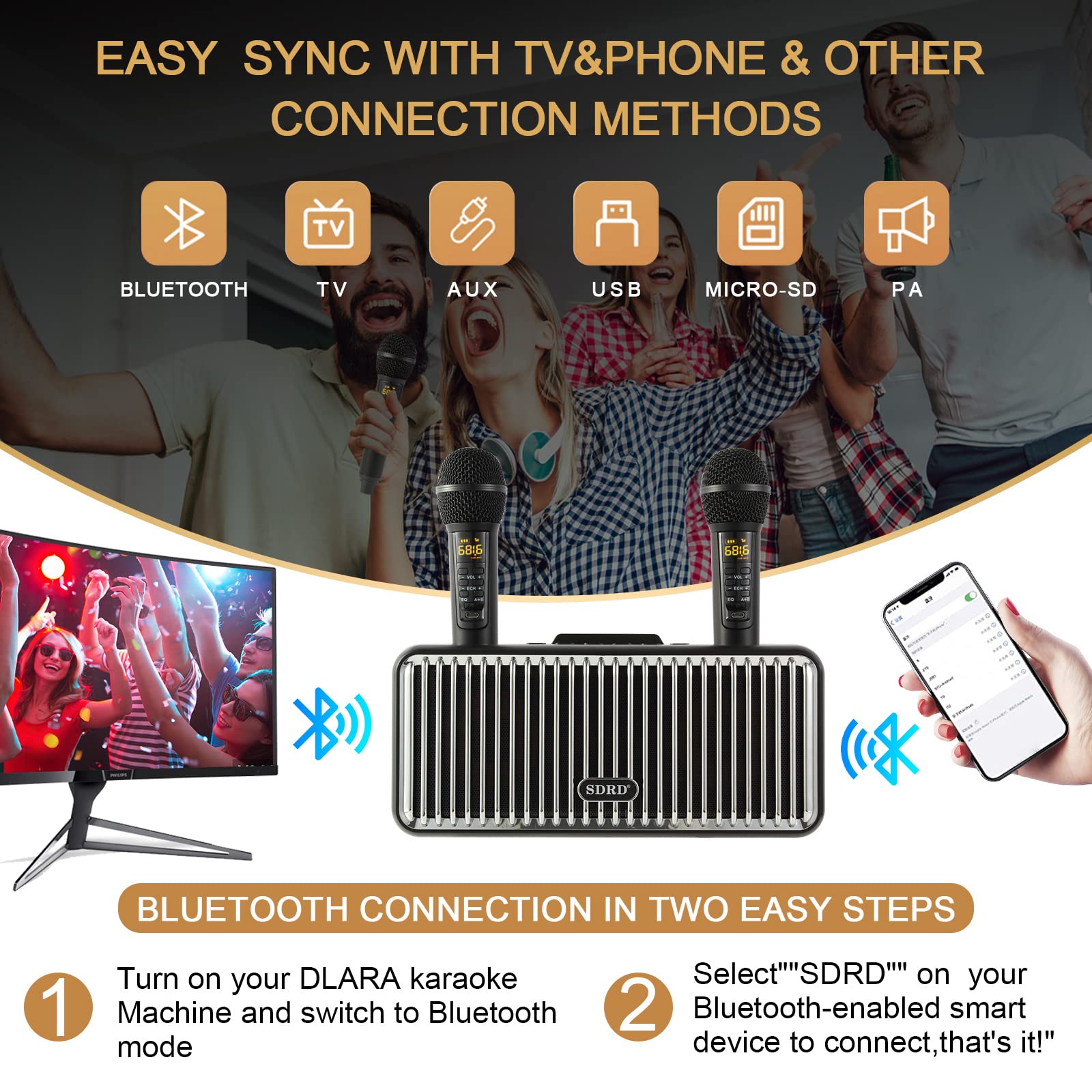 Karaoke Machine for Adults and Kids,Bluetooth Karaoke Speaker with 2 Wireless Microphone,Party Speakers with Phone Holder,HD Sound PA System Support TWS,TFcard,AUX in,for Party/Meeting