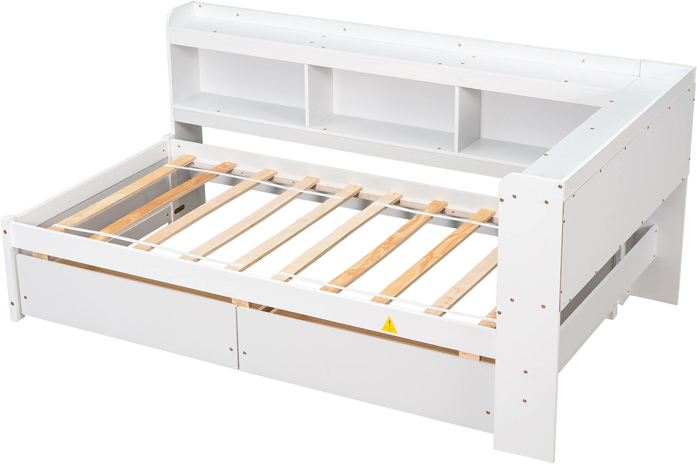DEINPPA Twin Size Bookcase Bed, L Shape Captain Bed Frame with Storage Drawers, Wooden Platform Bed with Bookcase Headboard, Hug Bed Frame for Kids Teens Boys Girls-White