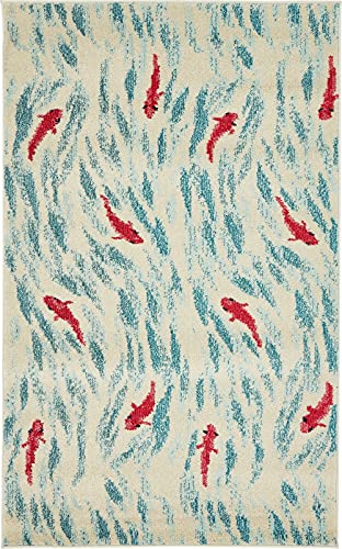 Unique Loom Positano Collection Coastal Modern Bright Colors Fish Beige Area Rug (3' x 5')