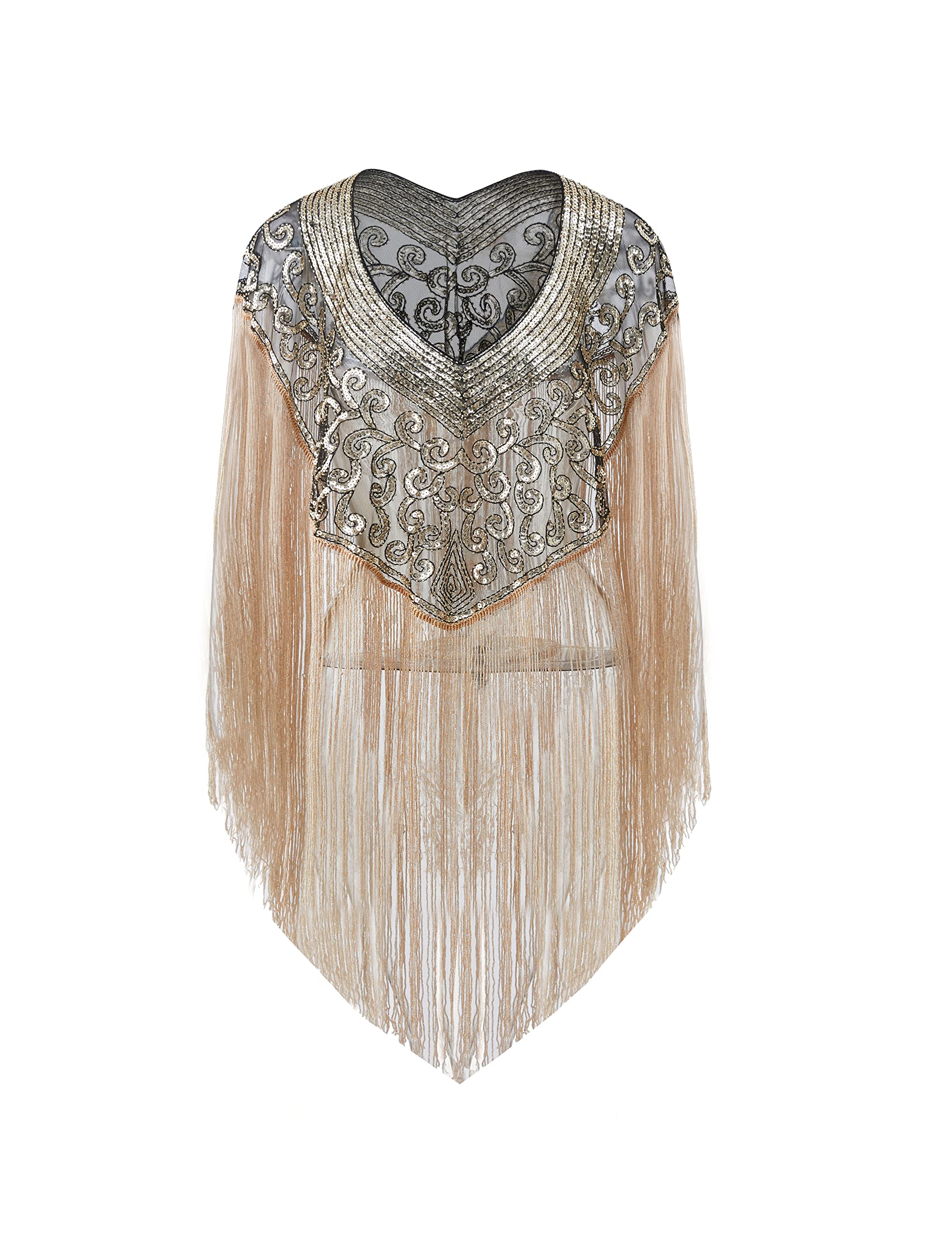 BABEYOND 1920s Shawl Wraps Long Fringed Evening Cape Sequin Beaded Party Shawl (Black Gold)