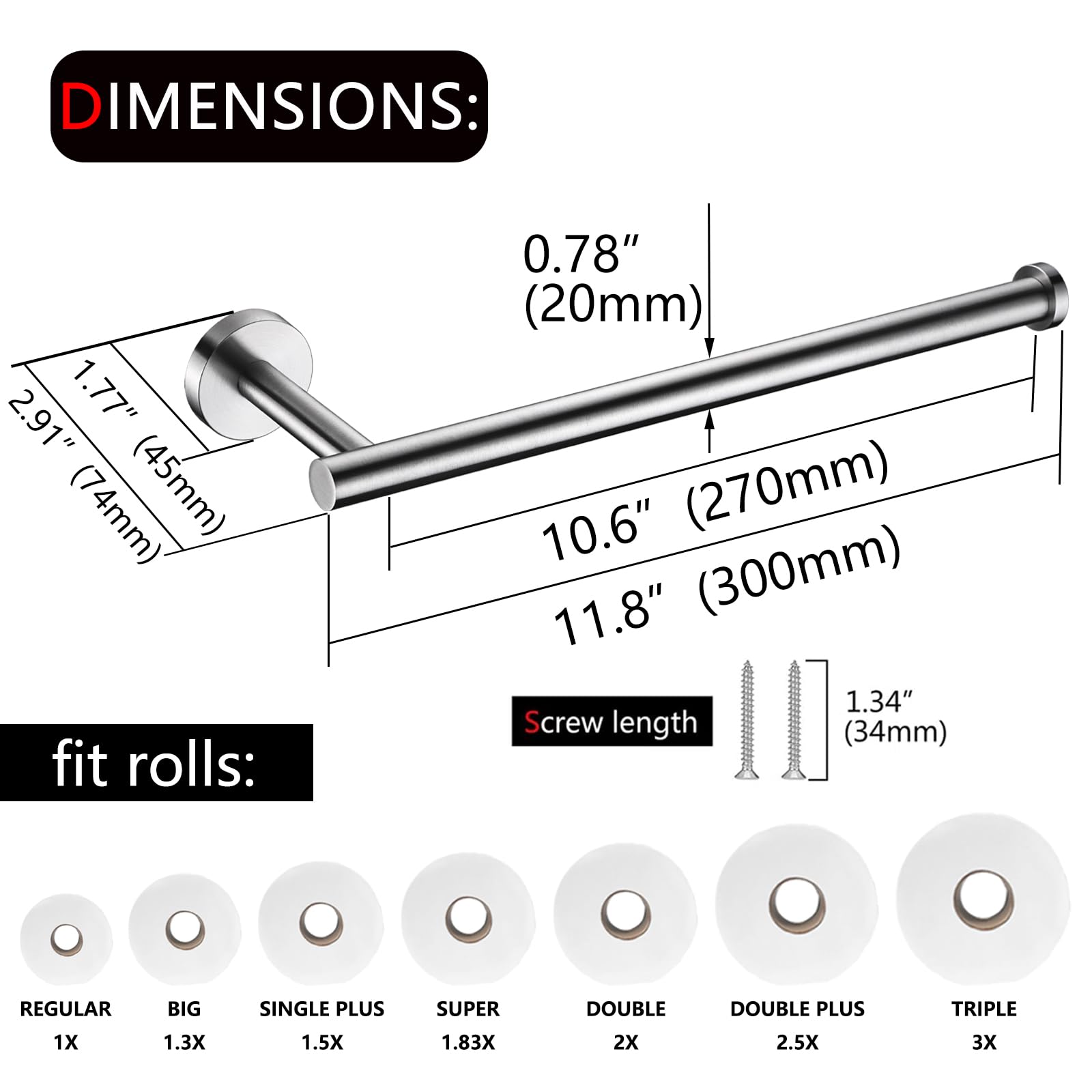 Brushed Nickel Paper Towel Holder,Under Kitchen Cabinet Towel Paper Rack,Wall Mounted Round SUS304 Stainless Steel Dispenser for Bathroom Kitchen Tissue Towel Roll,11 inch