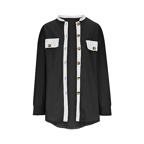 fesfesfes Shirt Jacket for Women Button Down Pockets Knit Oversized Coats Long Sleeve Solid Casual Loose Fall Winter Tops