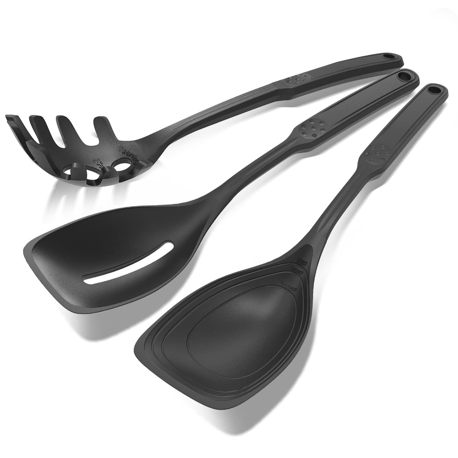 Beijiyi Silicone Cooking Spoon Set, 3 Pack Heat Resistant Silicone Spoons for Cooking, Mixing, Serving, Nonstick Kitchen Utensils Large Solid Slotted and Spaghetti Spoon - Dishwasher Safe, Black