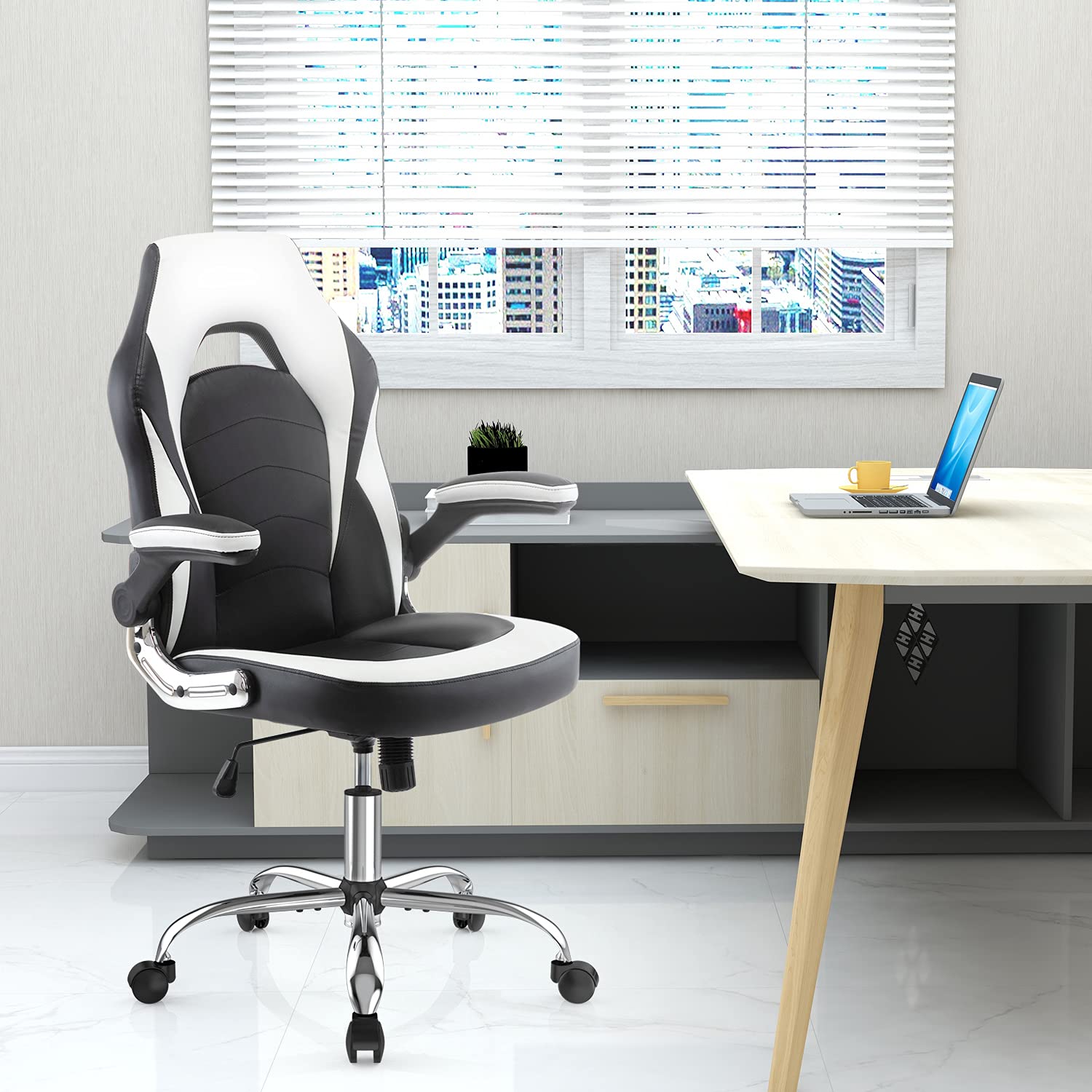SMUG Gaming Ergonomic Office Computer Desk Racing Style Bonded Leather Gamer Chair, with Flip-Up Arms and Adjustable Height, White