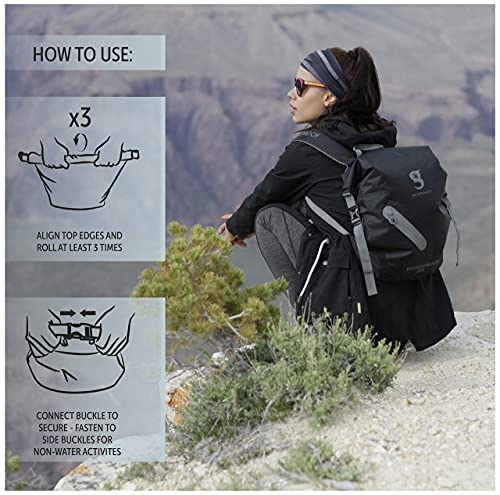 geckobrands Lightweight 30L Waterproof Backpack, Black/Neon Blue - Watertight Backpack for Hiking and Light Water Activities