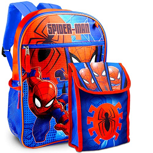 Marvel Spiderman Backpack for Kids, Toddlers - Bundle with Spiderman 16 Inch Backpack Plus Spiderman Lunch Box, Stationery Supplies, Water Bottle, Stickers, and More (Marvel School Supplies Set)