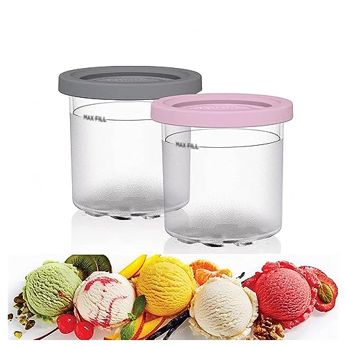 DISXENT 2/4/6PCS Creami Containers, for Creami Ninja Ice Cream Pint Containers,16 OZ Ice Cream Pints with Lids Bpa-Free,Dishwasher Safe for NC301 NC300 NC299AM Series Ice Cream Maker,Pink+Gray-4PCS