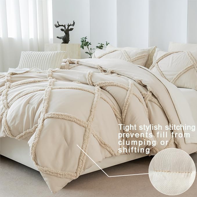 Bedbay White Tassel Comforter Set Queen Size Boho Aesthetic Bedding Set Queen Bed Set Tassel Decor Farmhouse Shabby Chic Bedding Luxury 3 Pieces Ultra Soft Microfiber Comforter(White,Queen)