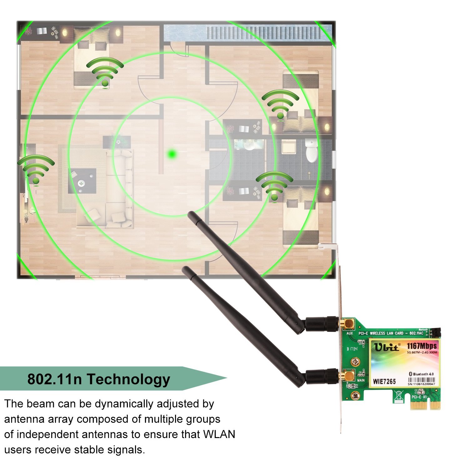 Ubit Network Card, WiFi Adapter AC 7265, AC1200Mbps pcie WiFi Bluetooth Card, 6dBi Antenna Wireless Dual Band (5G/2.4G) WiFi Card for Desktop pc