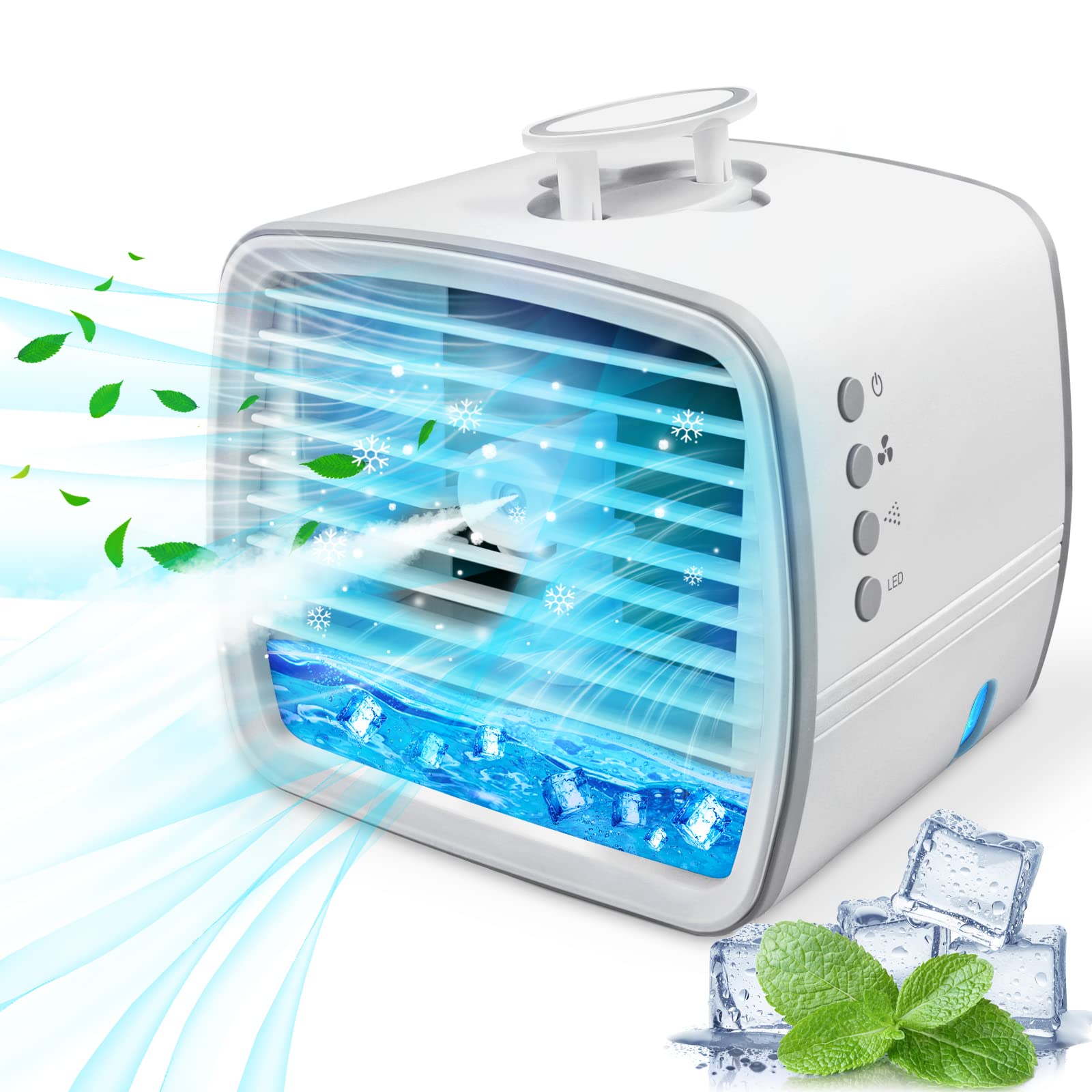 Portable Air Conditioner, Personal Mini Air Cooler Fan, Personal Portable AC Air Conditioner for Office Desk Camping Bedroom Room, Small Air Conditioner with 7 LED Lights, 3 Speeds, 80°Adjustment