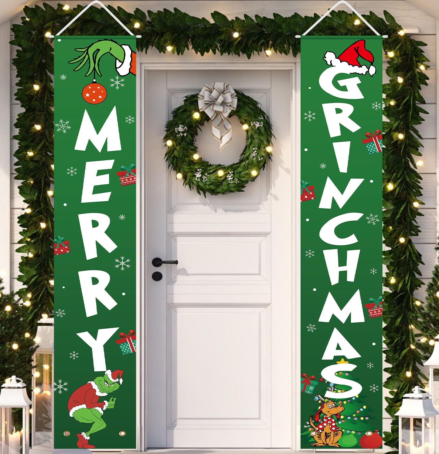 Christmas Decorations - Christmas Decor MERRY GRINCHMAS Banner - Xmas Porch Door Sign Welcome Banner for Indoor Outdoor Wall Home