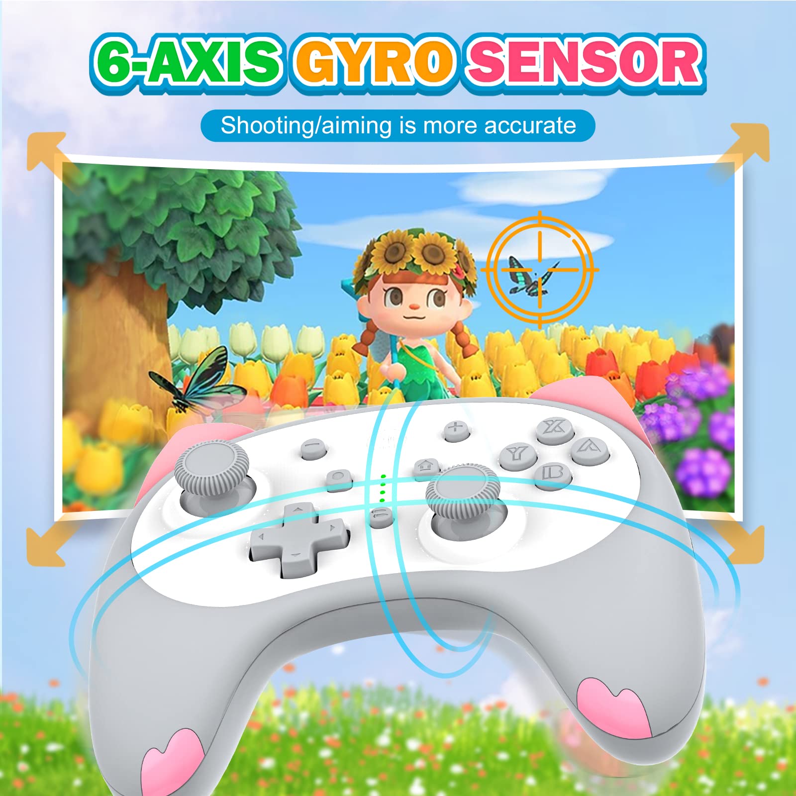 IINE Cute Switch Controller, Bluetooth Cartoon Kitten Switch Controllers Wireless, Kawaii Light Switch Gaming PC Controller with TURBO/Double Vibration Function, White