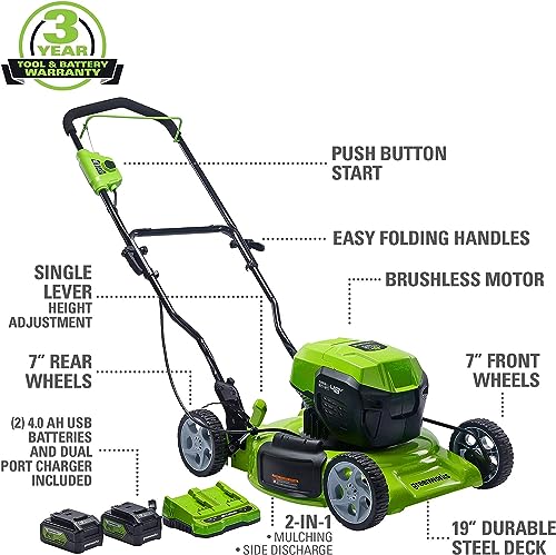 Greenworks 48V (2x24V) 19"Brushless Push Lawn Mower,2.0Ah Axial Blower (90 MPH/320),10"String Trimmer,22"Rotating Handle Hedge Trimmer,Combo Kit w/ (2) 4.0Ah Batteries, (1) 2.0Ah Battery & (2)Chargers