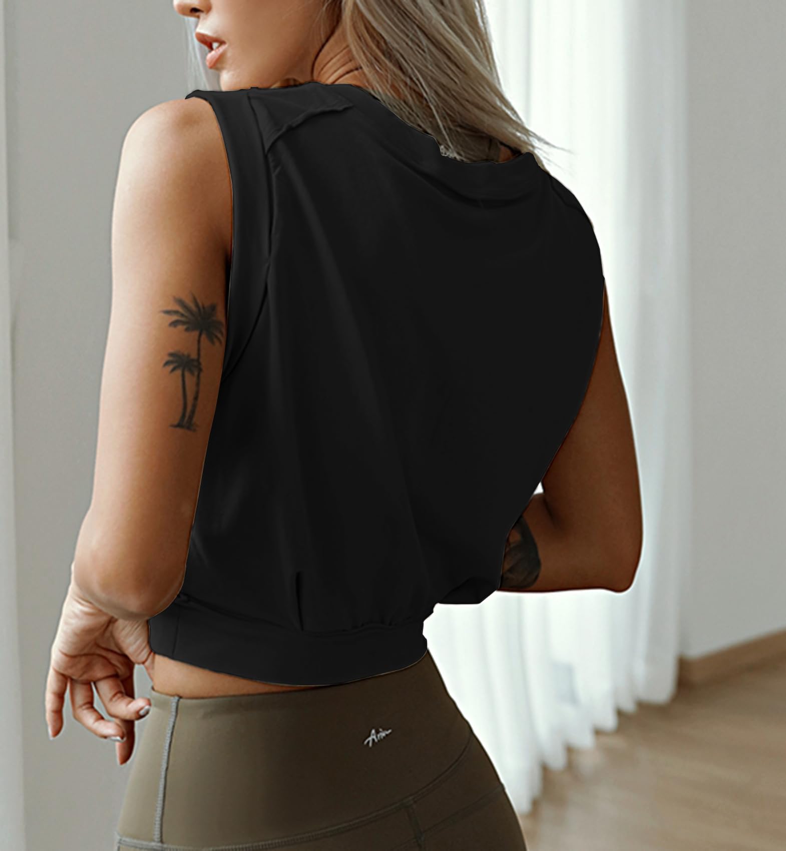 ARRIVE GUIDE Women's Cute Workout Crop Top - Loose Fit Yoga Athletic Tank, Cinched Waist, Cap Sleeve, Cotton, Black M