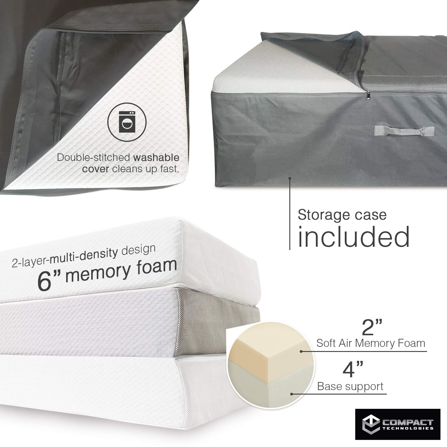 CT Compact Technologies Portable Mattress - 60 x 80 x 6 inches - Folding Memory Foam Guest Fold Up Bed w/Case | Tri-Fold Travel Away Floor, Futon & Camp Cot Topper for Fast Trifold Foldable (Queen)