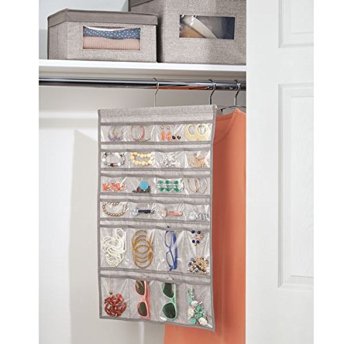 InterDesign Aldo Fabric Hanging Fashion Jewelry Organizer for Rings, Earrings, Bracelets, Necklaces - 48 Pockets, Linen