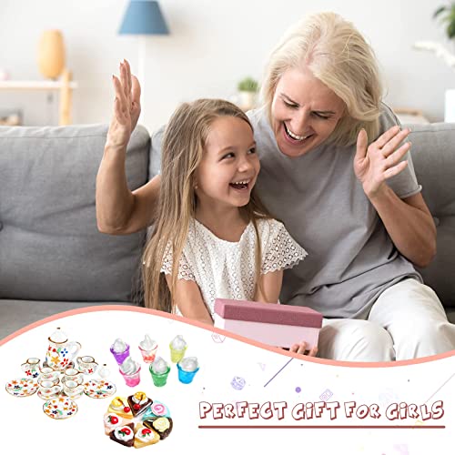 G0lden&Mang0 47Pcs Dollhouse Decor Set, 15Pcs Flower Pattern Mini Tea Cup 21Pcs Mixed Cake Ice Cream Jam Jar, 1Pc Miniature Tablecloth Furniture Toy for Kids Gift