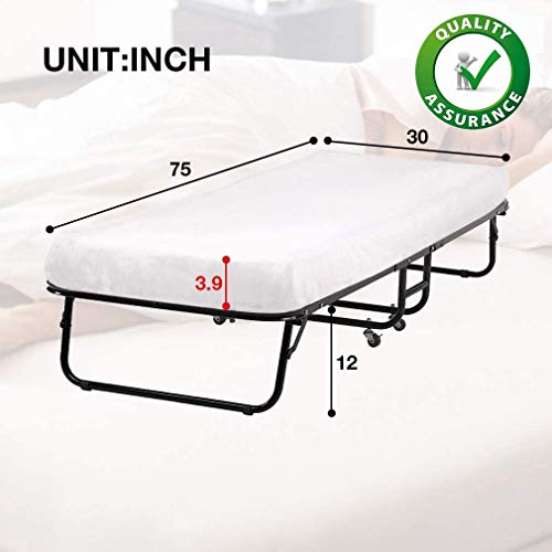 Folding Guest Bed Portable Camping Cot with Wheels,Portable Beds Frame Heavy Duty Extra Roll Away Foldaway 3.9 Inch Thick Memory Foam Mattress for Spare Bedroom & Office,L75 x W30 x H12 IN,White