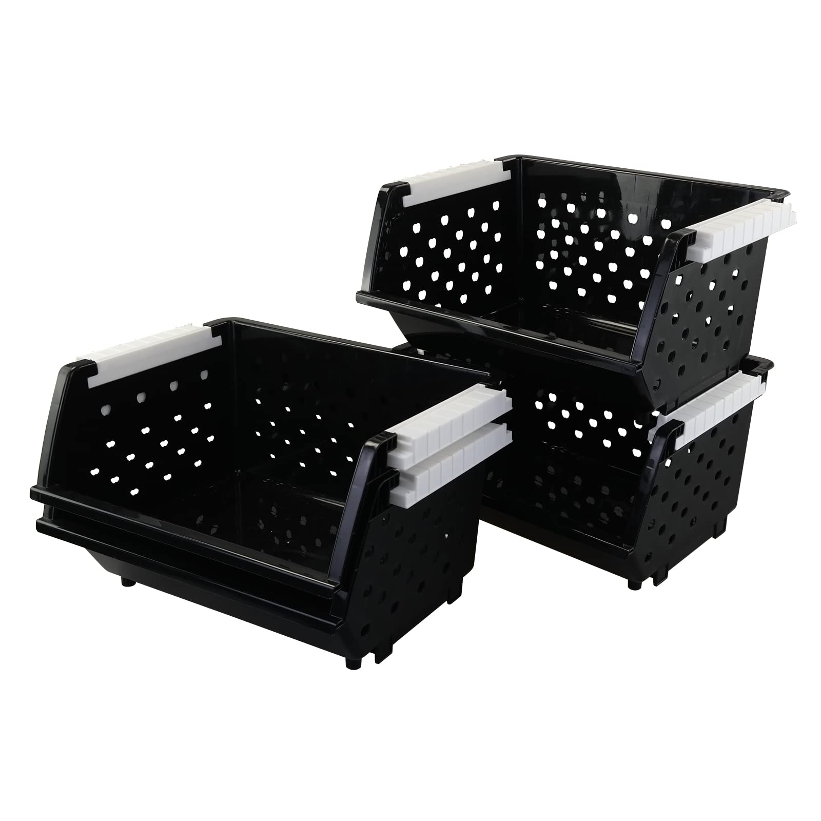 CadineUS 4-pack Plastic Stackable Organizer Basket, Large Stacking Storage Basket Bins, Black