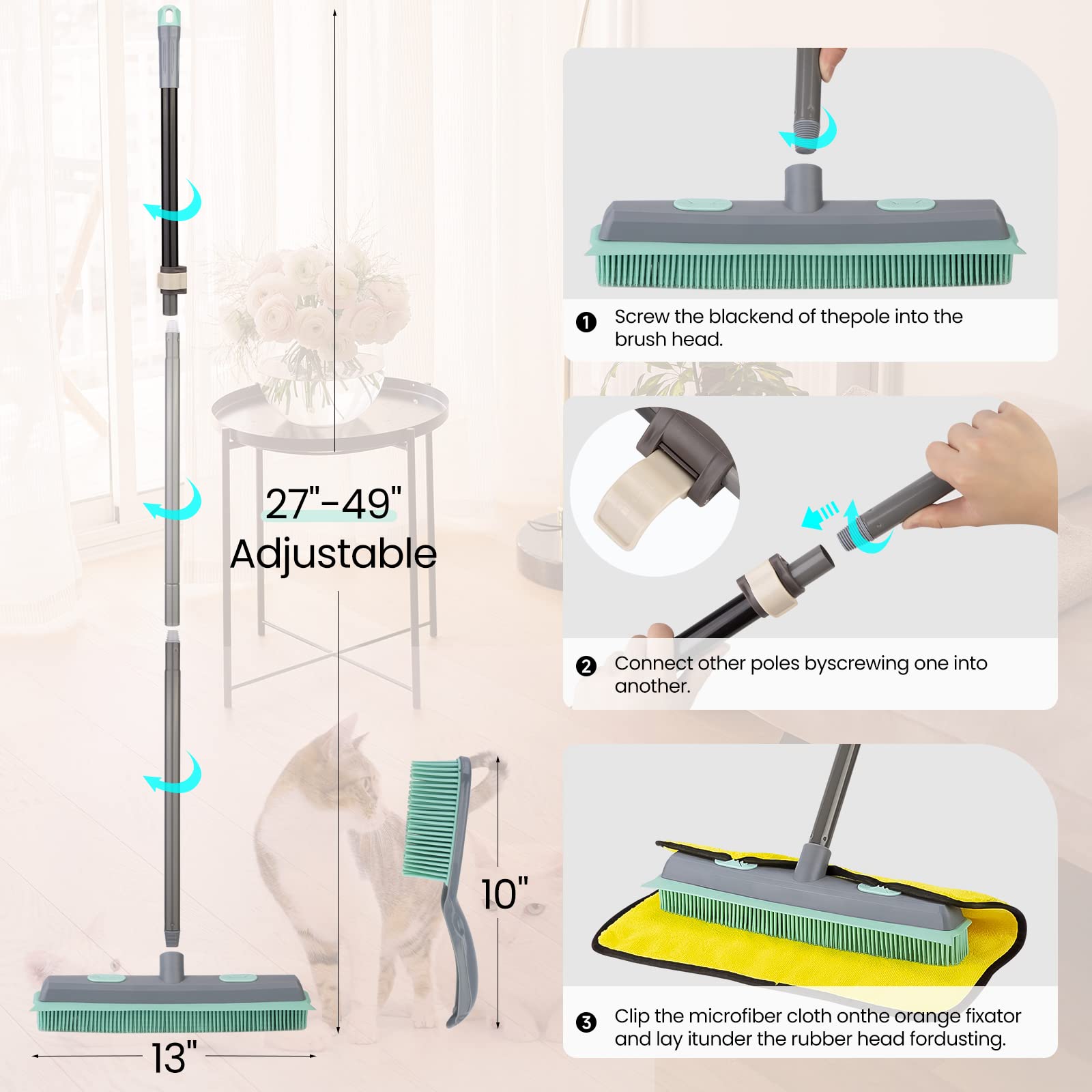 Conliwell Rubber Broom Carpet Rake for Pet Hair, Fur Remover Broom with Squeegee and 18" Professional Microfiber Mop Floor Cleaning System