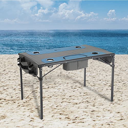 ARROWHEAD OUTDOOR 51” Heavy-Duty Portable Folding Table, 8 Cup Holders, Integrated Cooler, 2 Side Storage Pouches, No Sag Surface, Carrying Case, Steel Frame, High-Grade 600D Canvas, USA-Based Support