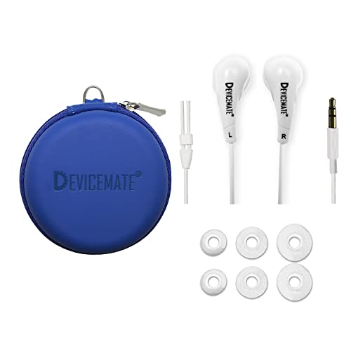 DEVICEMATE in-Ear Headphones, Wired Earbuds, Ergonomic Earphones. Stereo, Noise Isolating, Comfort Fit, Durable Quality, Compatible with Apple & Android Devices. No Mic. Blue Earbud Case