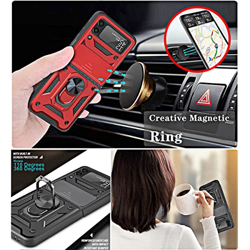 ONOLA for Galaxy Z Flip 3 Case with Slide Camera Cover, with 360°Rotate Ring Magnetic Kickstand Military Heavy Duty Protective Case for Samsung Galaxy Z Flip 3 5G (Red)