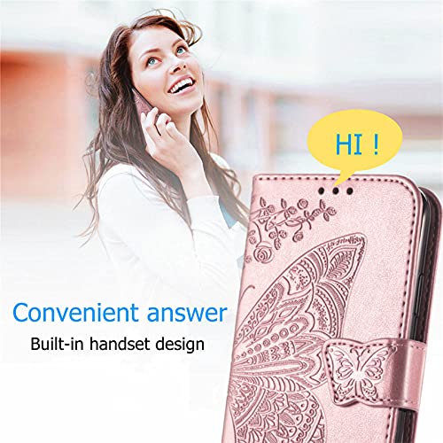 ONV Wallet Case for Samsung Galaxy Z Fold 3 - Butterfly Embossed Leather Folio Case [Magnetic] [Card Slots] [Kickstand] [Wrist Strap] +TPU Shell for Samsung Galaxy Z Fold 3 [HZD] -Rosegold