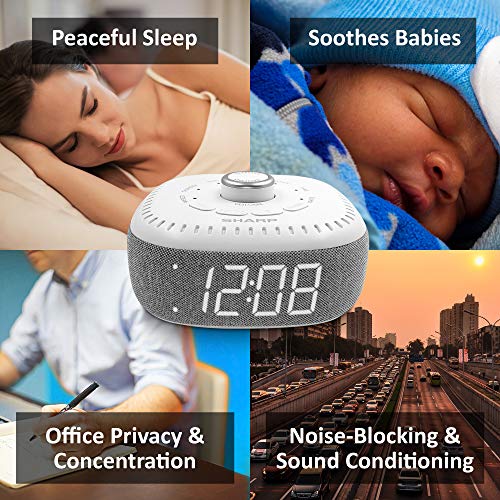 SHARP Sound Machine Alarm Clock with Bluetooth Speaker, 6 High Fidelity Sleep Soundtracks β White Noise Machine for Baby, Adults, Home and Office β White LED