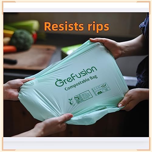 GreFusion Compostable Trash Bags with handle-tie,Garbage Bags, 2.6 Gallon,Thick 0.91 mils,Food Waste Bags,Small trash bags for compost bin kitchen,Certified by BPI and OK Compost (2.6G-50count)