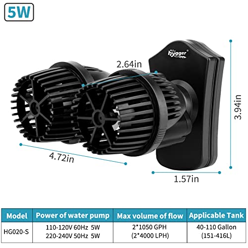 hygger 2100GPH Double Head Aquarium Wave Maker, Quiet 5W Aquarium Circulation Pump, with Strong Magnetic Suction Base, 360°Adjustable Power Head, for 40~110 Gal Tank