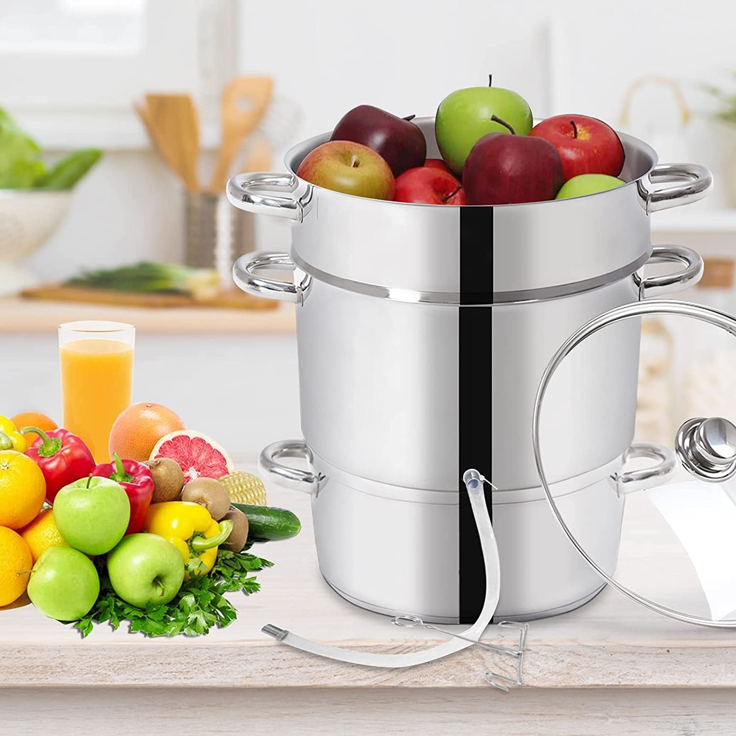 FANTASK 11-Quart Steam Juicer, Pasta Pot with Tempered Glass Lid, Hose, Clamp, Safe Loop Handle, Easy to Use, Stainless Steel Steamer Pot for Cooking Fruit Vegetable, Silver