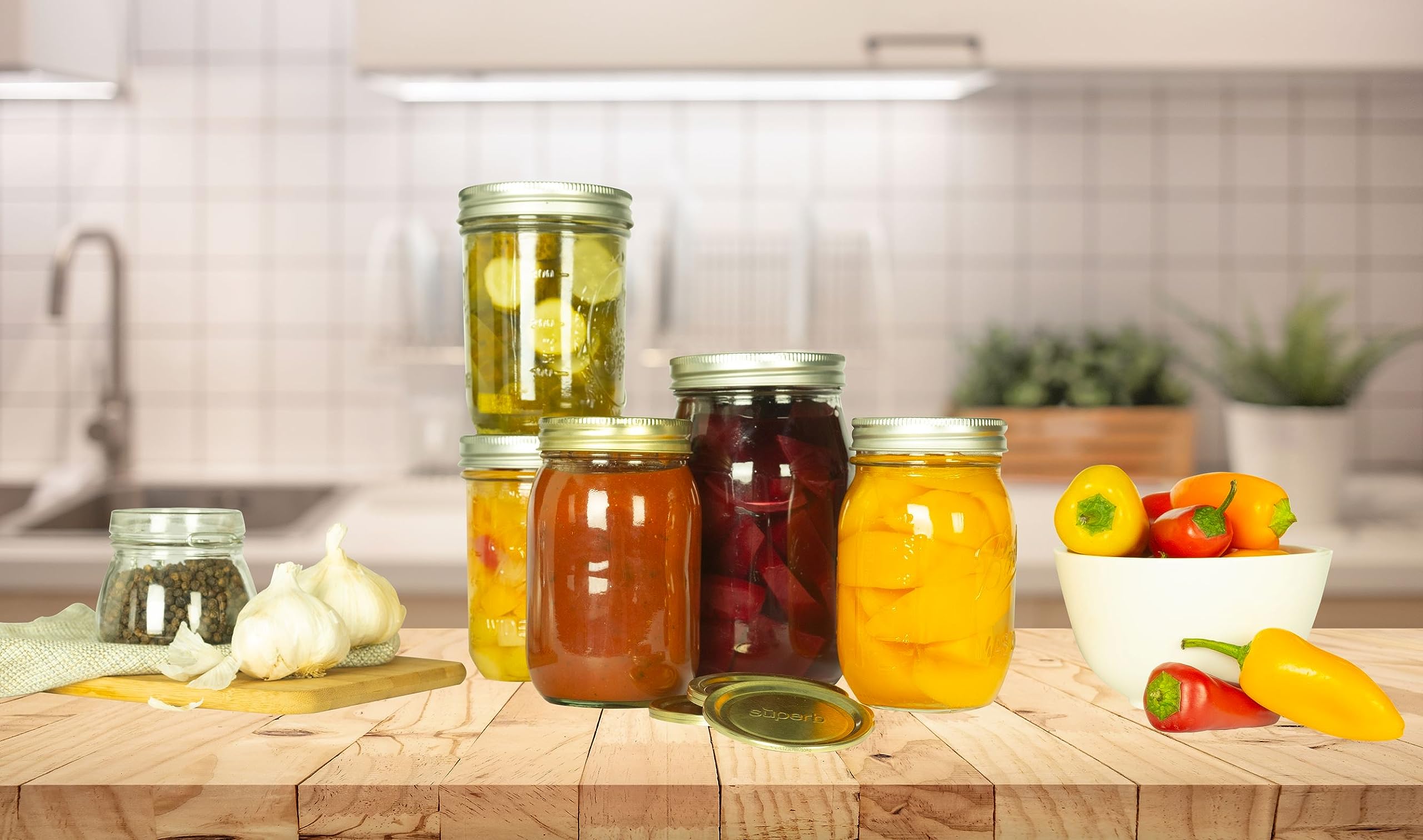 Superb Regular Mouth Mason Jar Canning Lids with Bands/Jar Rings โ Made in the USA - 24 Lids and Bands