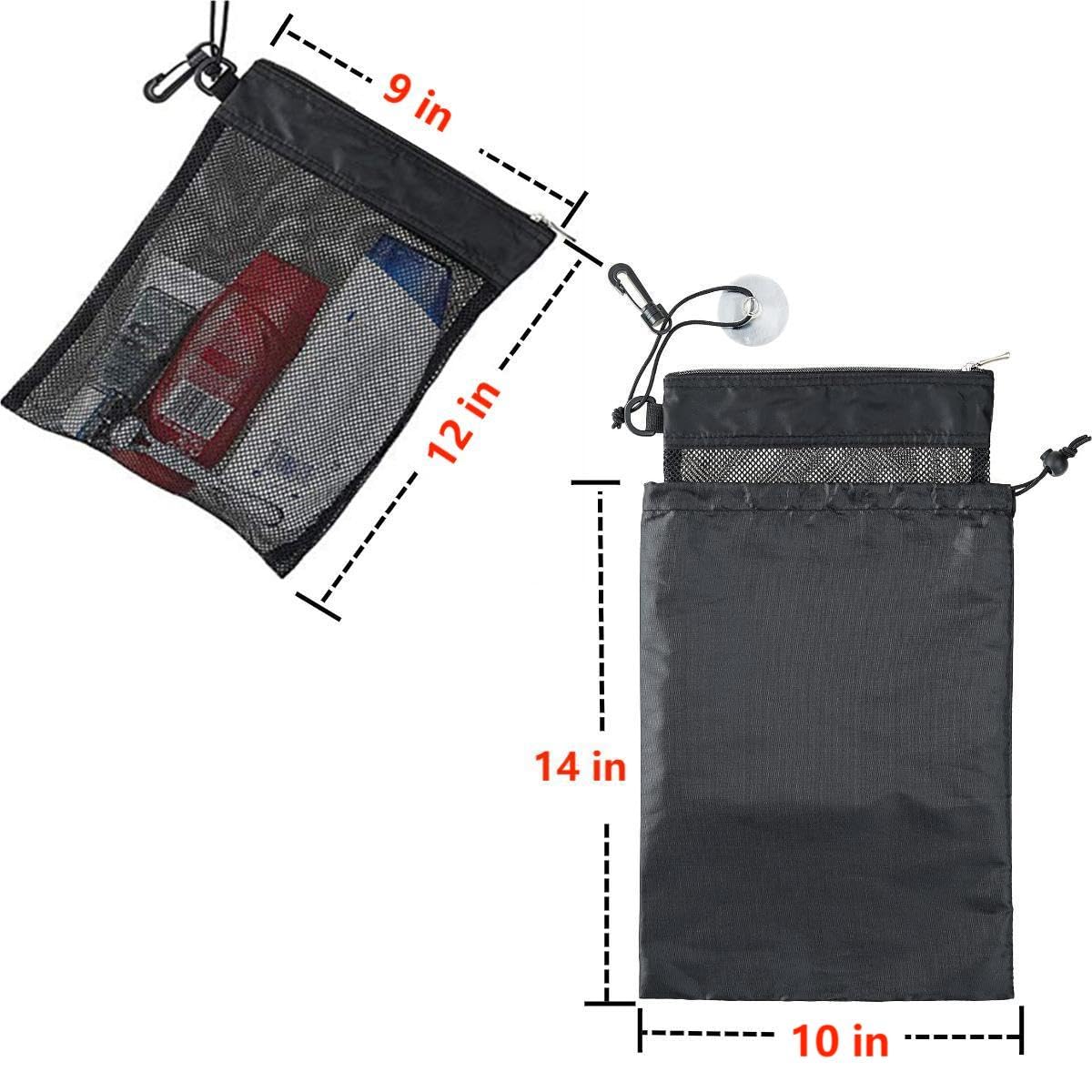 VUFVOID Shower Bag Tote, Mesh Shower Bag ,Portable Organizer, Compact and Lightweight With Suction Cup, Cord for Hanging, Zipper and Drawstring Pouch(12”L x 9”W, 14”L x 10”W)