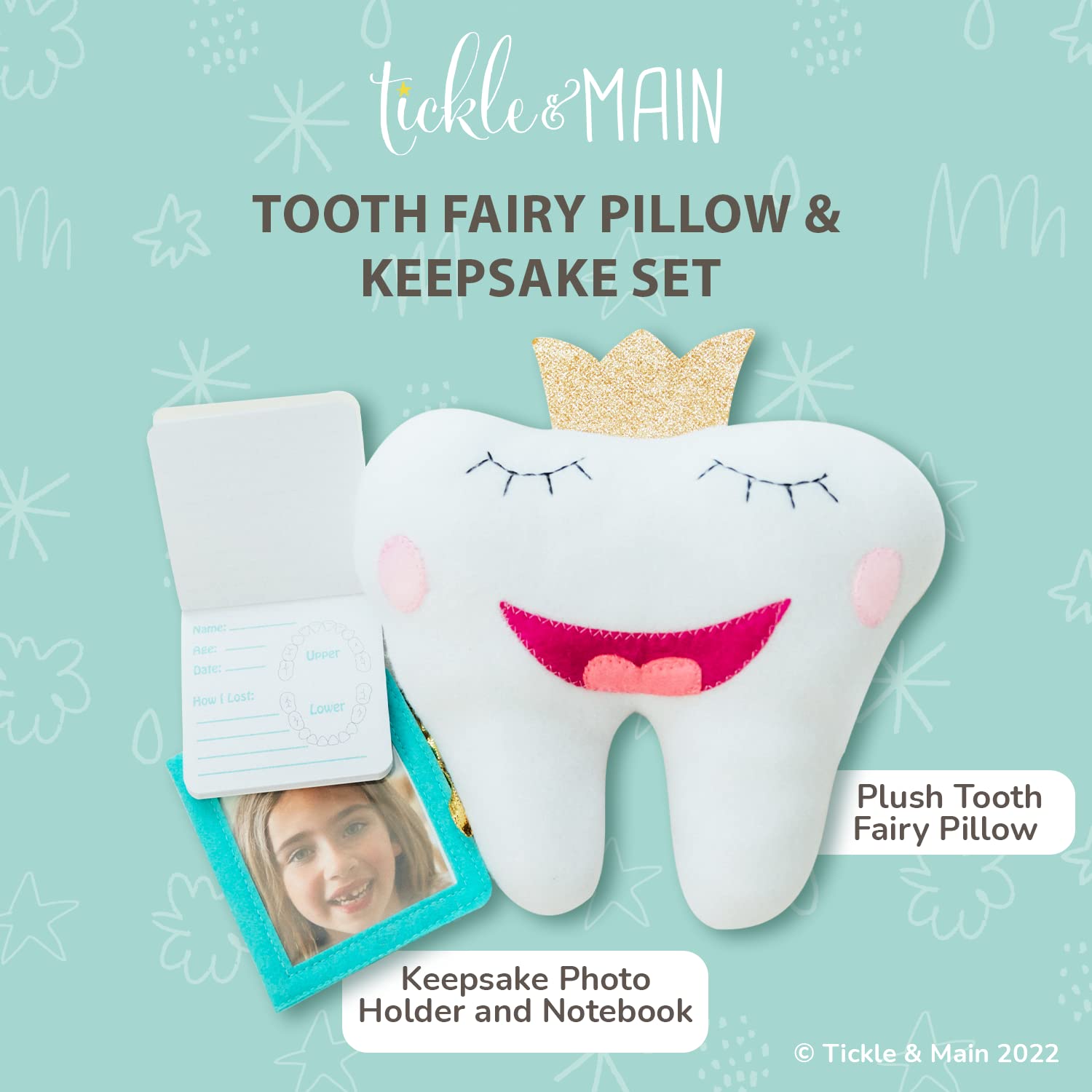 Tickle & Main 3-Piece Tooth Fairy Pillow for Girls & Boys - Includes Pocket Pillow, Dear Tooth Fairy Notepad & Photo Pouch - Kit for Kids 5-10 Years Old