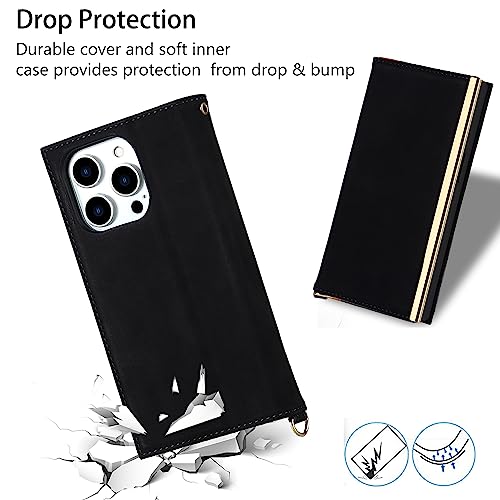 Havaya Crossbody Phone case for iPhone 13 pro max case with Strap for Women with Card Holder and Mirror for iPhone 12 pro max flip Wallet Cover with Credit Card Slot-Black