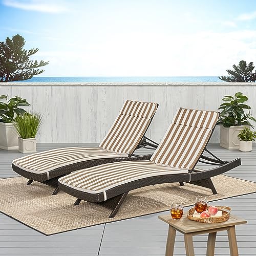 Christopher Knight Home Salem Outdoor Water Resistant Chaise Lounge Cushions, 2-Pcs Set, Brown / White Stripe