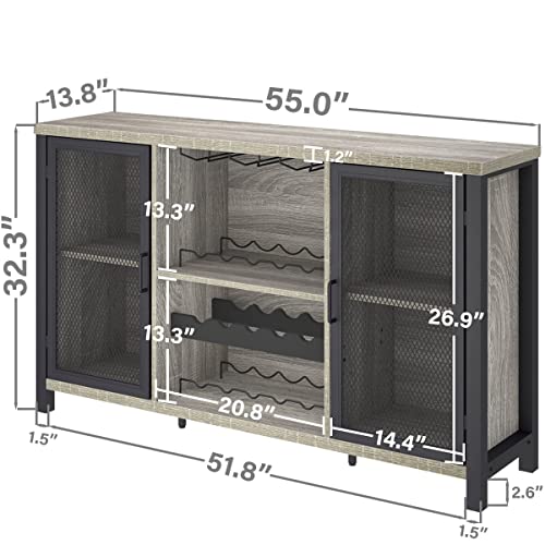 IBF Rustic Liquor Bar Cabinet, Industrial Coffee Wine Cabinet for Liquor and Glasses, Farmhouse Bar for Home Kitchen Living Dining, Sideboard Buffet Cabinet with Bar Rack Storage, Light Gray Oak 55 In