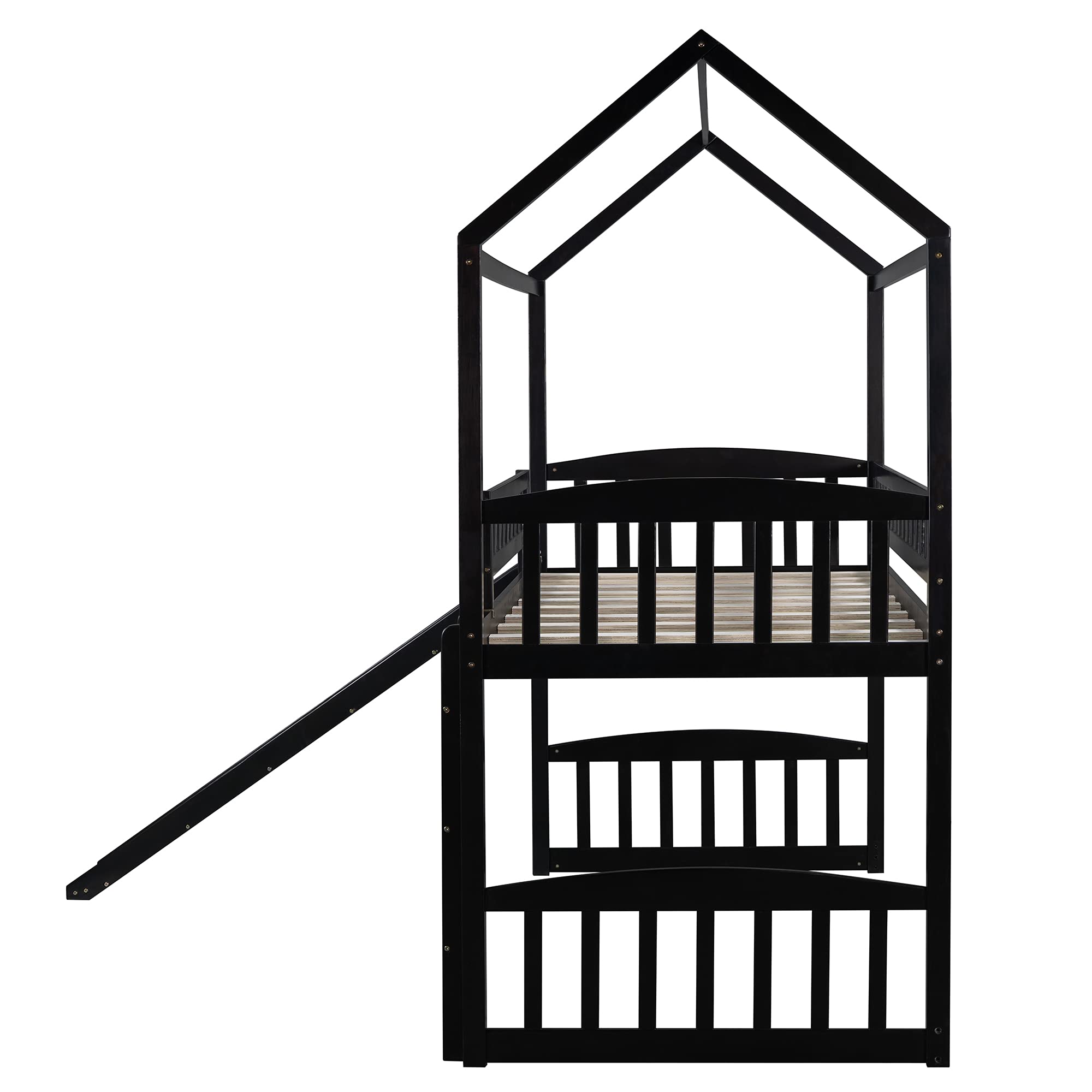 Harper & Bright Designs Twin Loft Bed with Slide, Solid Wood House Loft Bed with Ladder, Playhouse Bed for Kids Girls Boys (Espresso)