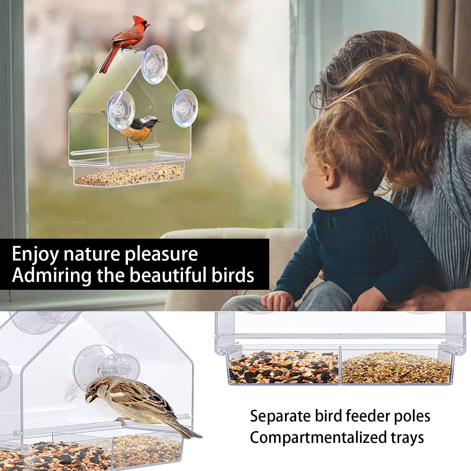 Clear Window Bird Feeder, Squirrel Proof with Strong Suction Cups Removable Sliding Seed Tray, Fits for Wild Birds. Best Gift