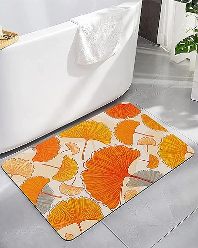 Fall Leaves Bath Mat for Tub,Non Slip Bathroom Floor Runner Rug Quick Dry & Absorbent Diatomaceous Earth Kitchen Room Shower Sink Washable Doormat,Retro Middle Century Orange Yellow Leaf 18"x30"