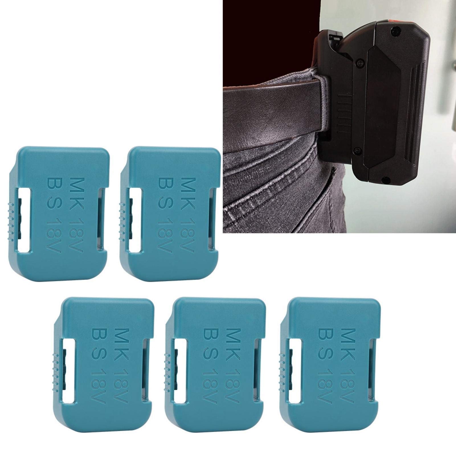 Bindpo Battery Rack, 5Pcs Battery Wall Mount Storage Shelf Rack, Battery Holder Compatible for Makita 18V/for Bosch 18V Batteries, Shelf Bracket Belt Slot(Cyan)