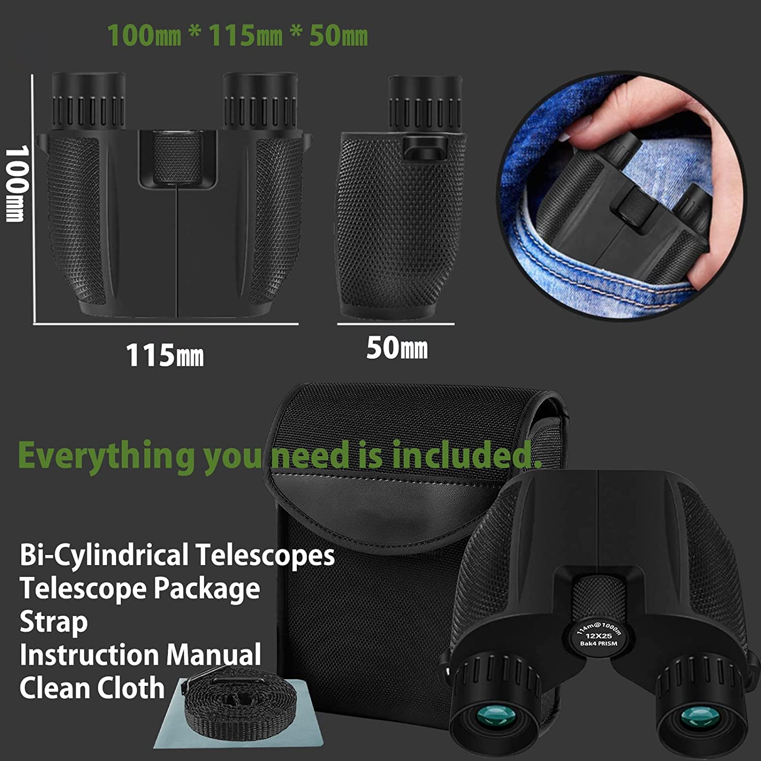Binoculars for Adults,12x25 Compact Binoculars, Durable & Clear Binoculars for Adults Kids Bird Watching,Opera Concert, Travel, Hiking, Outdoor Scenery, Football Game