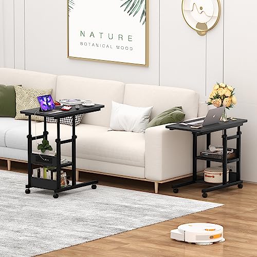 Height Adjustable C Shaped End Table with Charging Station, Mobile Laptop Side Table with USB Port and Wheels, Sofa Couch Table with 2-Tier Storage Shelve for Living Room Bedroom, Black
