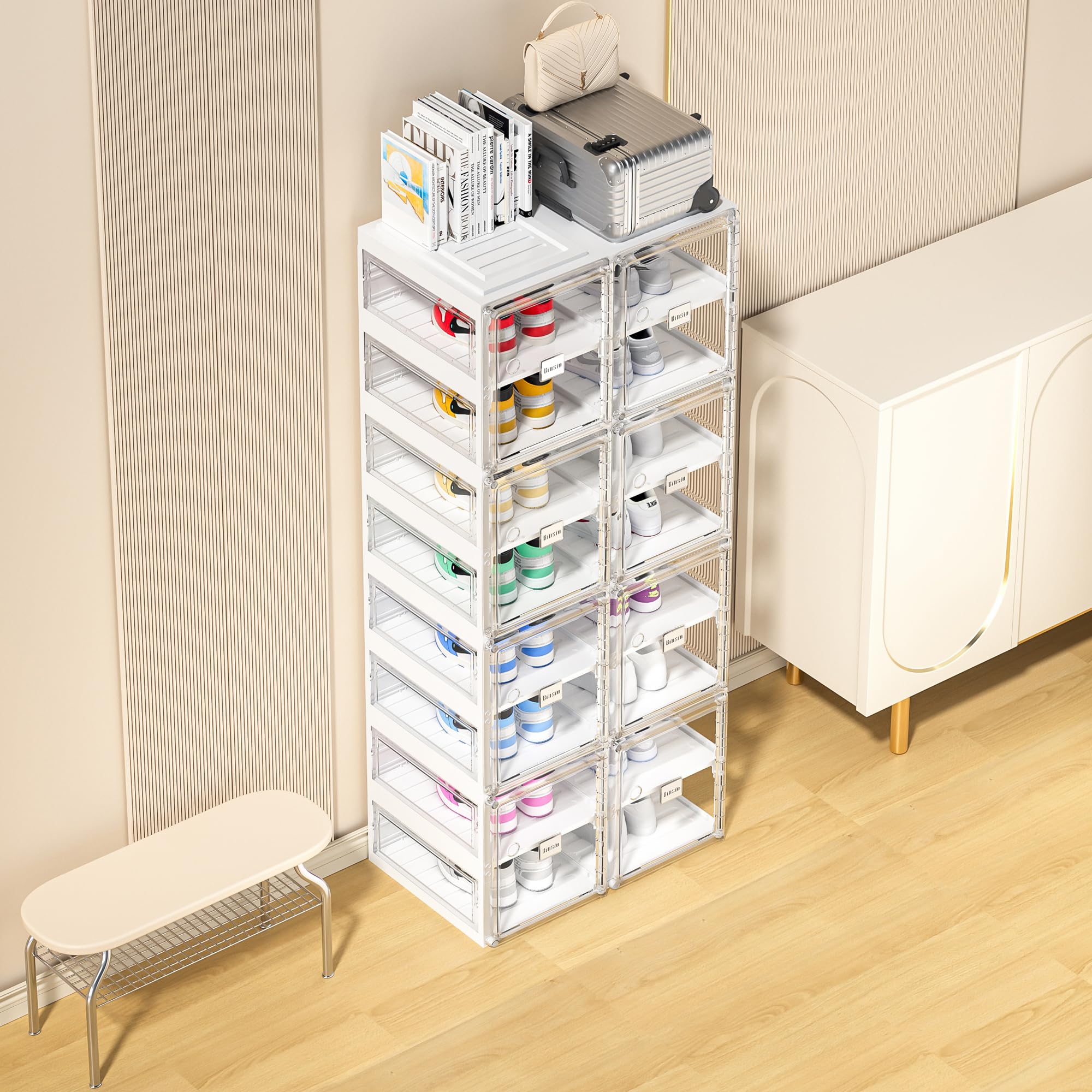 BINSIO Shoe Organizer, Portable Shoes Rack for Closet, Shoe Storage Boxes, Foldable Shoe Cabinet for Entryway, Easy Assemble Plastic Stackable Sneaker Bins with Magnetic Clear Doors, 8 Tiers 16 Pairs