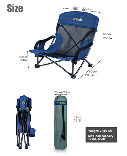 iClimb Low Wide Beach Camping Folding Chair with Side Pocket and Carry Bag (1, Navy)
