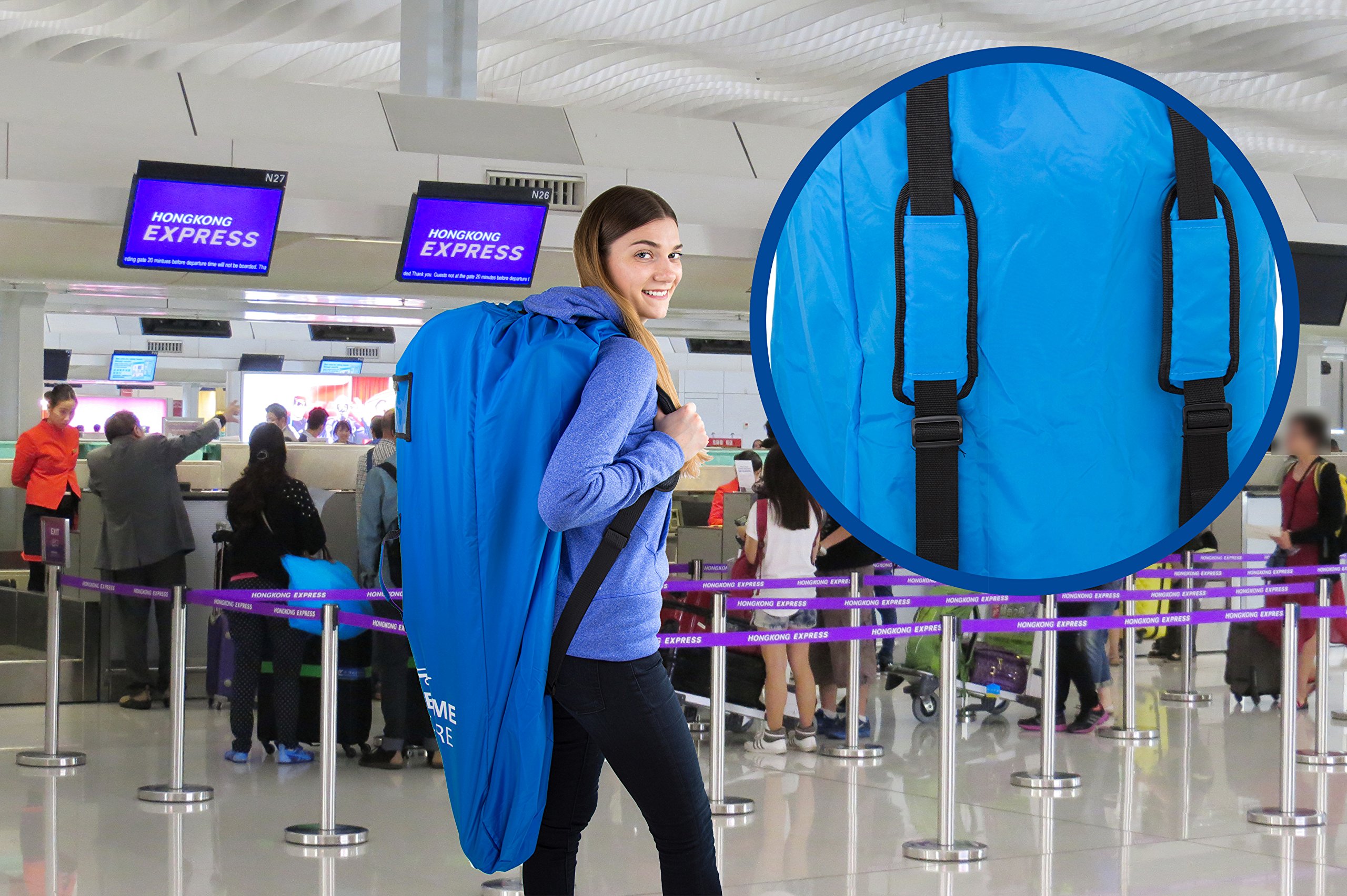 Travel Gate Check Bag For Airplane - Umbrella Stroller Size 45x12x16 600D Nylon Waterproof, Adjustable Shoulder Strap, Blue